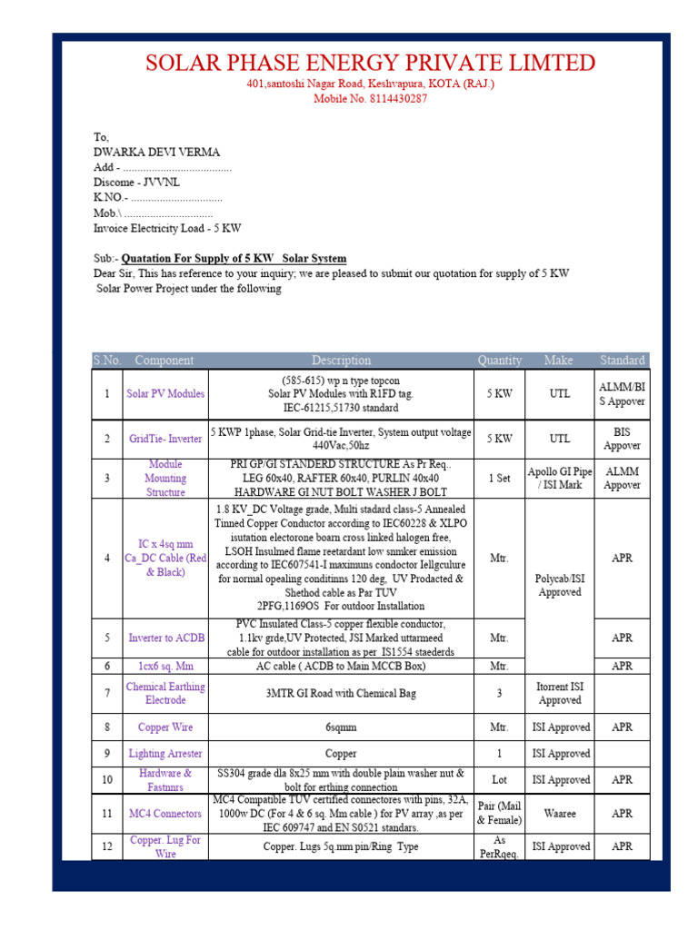 5 KW Solar System Quotation Details | PDF | Electricity | Electric Power