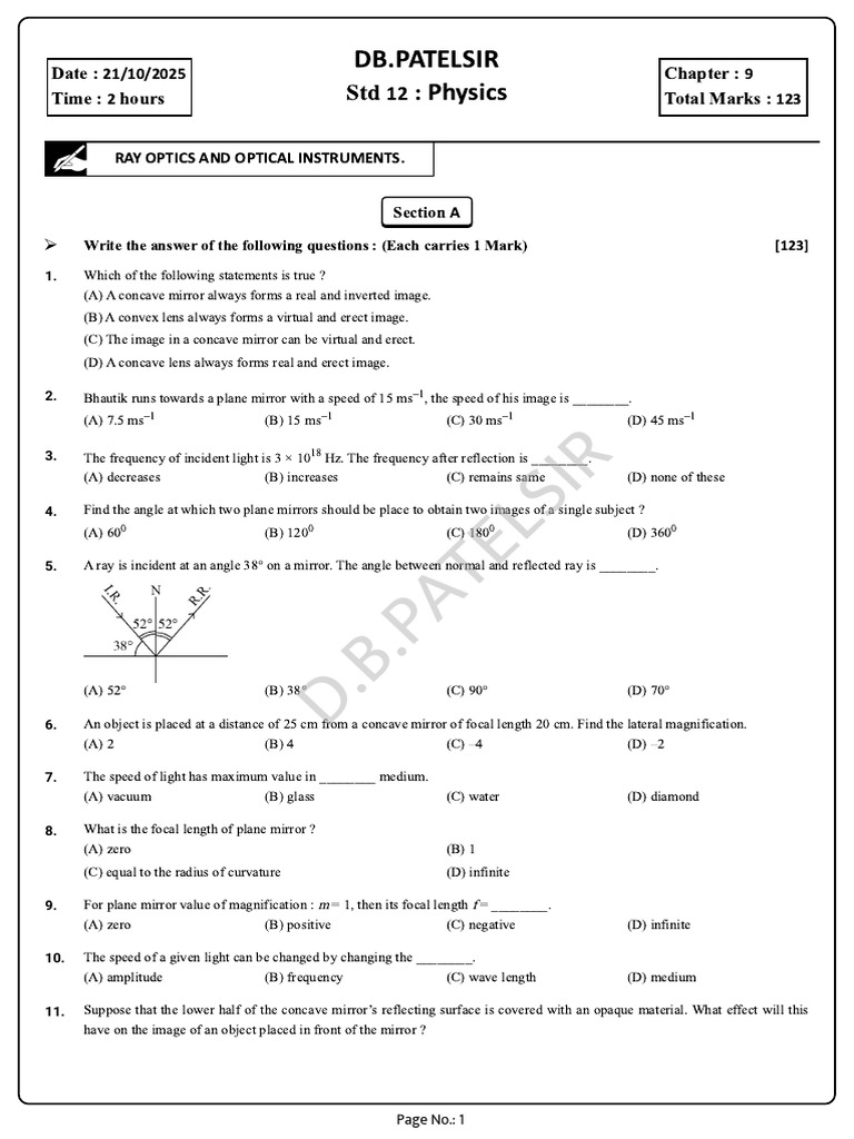 Ray Optics and Optical Instruments Quiz | PDF | Optics | Physical Phenomena