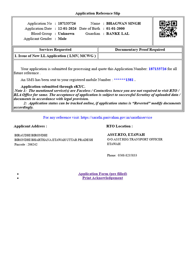 Application Reference Slip for LL 187133726 | PDF