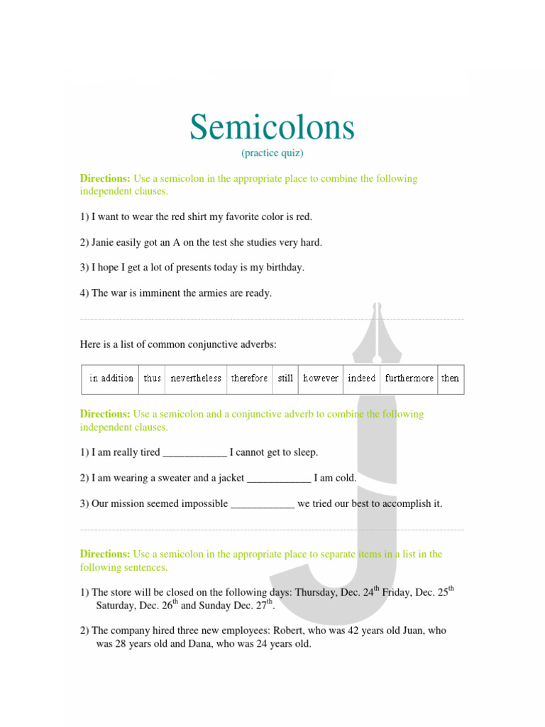 Semicolons - Practice Quiz | PDF