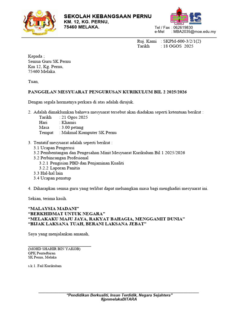 Surat Panggilan Mesyuarat Pengurusan Kurikulum Bil 2 | PDF