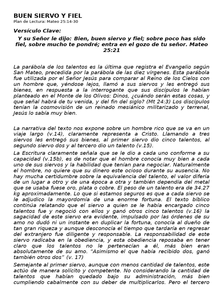 Parábola del Buen Siervo y Fiel | PDF | Parábolas de Jesús | Jesús