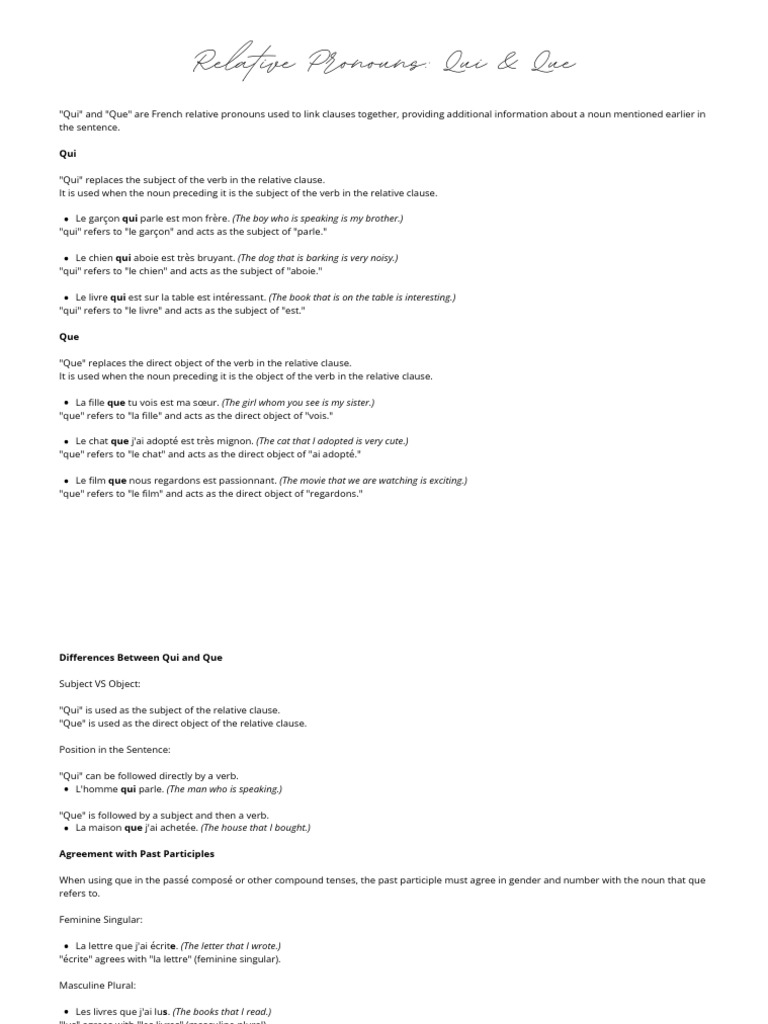 Understanding French Pronouns: Qui vs Que | PDF
