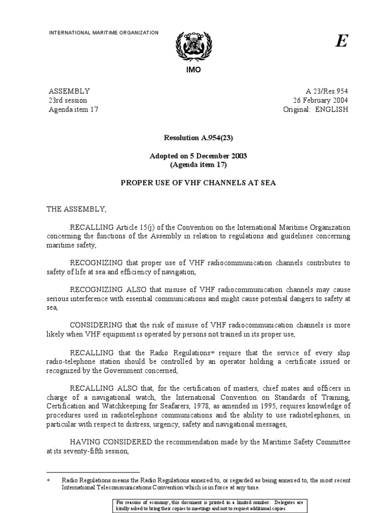 IMO Resolution A.954 (23) Proper Use of VHF | PDF | Radio | Wireless