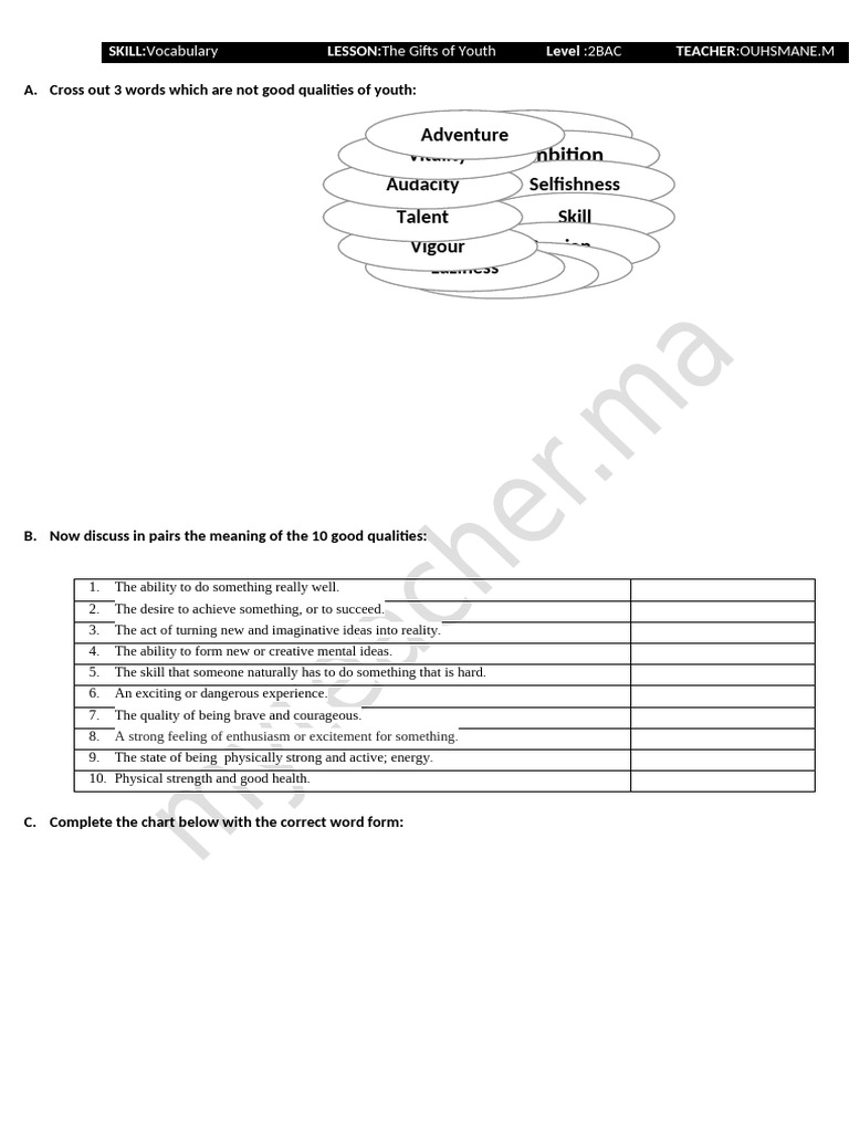 Unit 1 The Gifts of Youth Vocabulary 2 Bac Worksheet | PDF