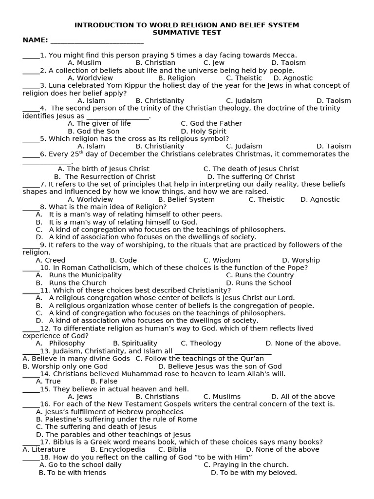 World Religion and Belief System Test | PDF | Monotheism | Jesus