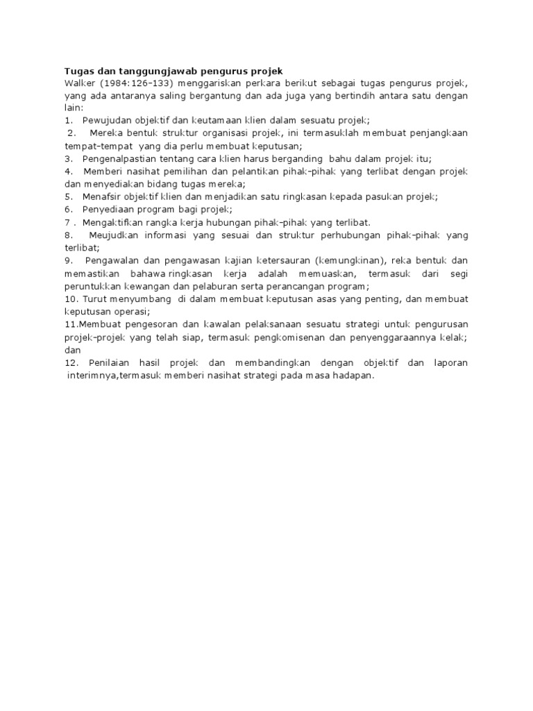 Tugas Dan Tanggungjawab Pengurus Projek | PDF