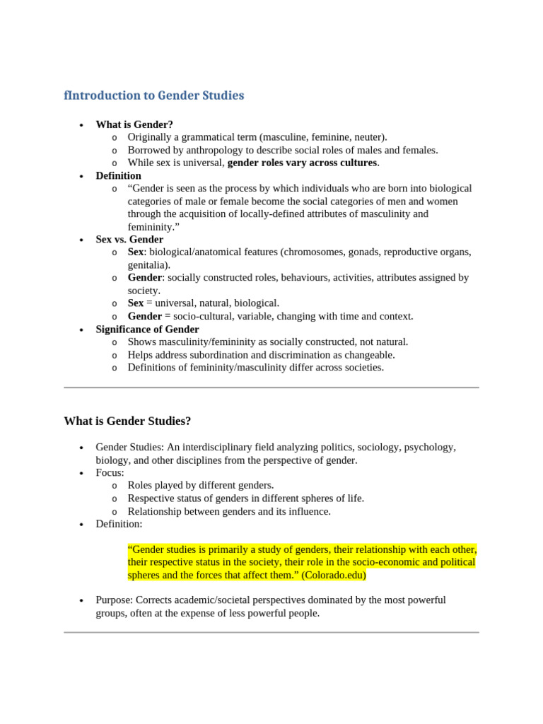 Introduction to Gender Studies Overview | PDF | Gender | Gender Studies