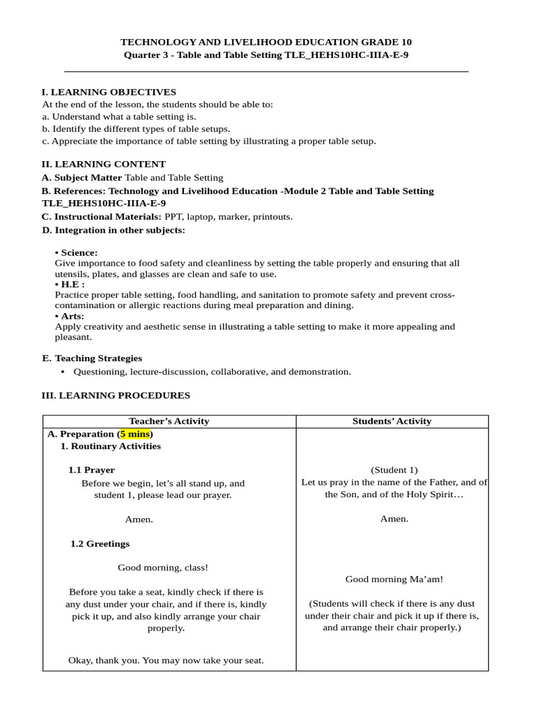 Grade 10 Table Setting Guide | PDF