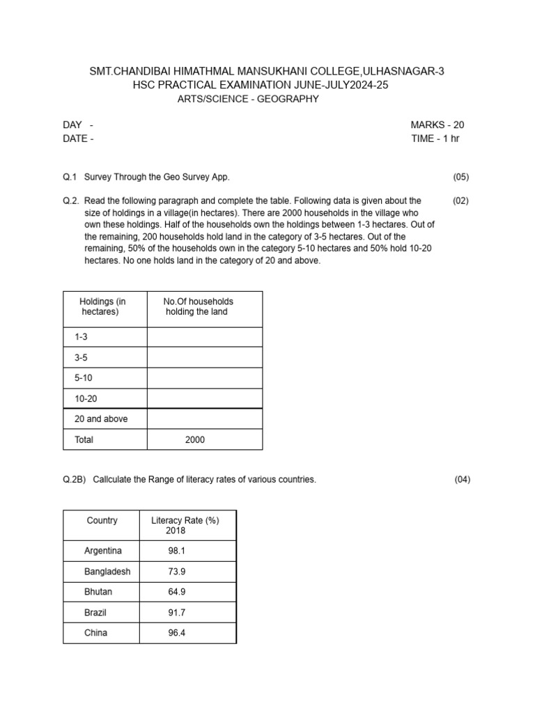 HSC Geography Practical Exam 2024-25 | PDF