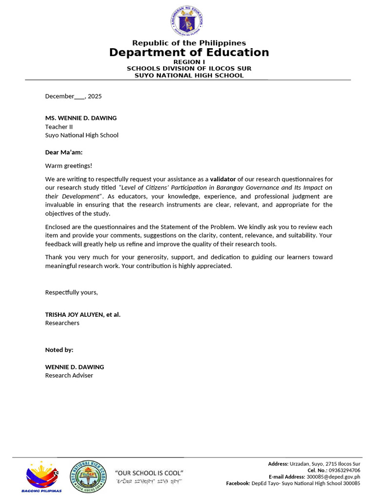 Letter To The Validators of Questionnaire | PDF | Learning | Cognition