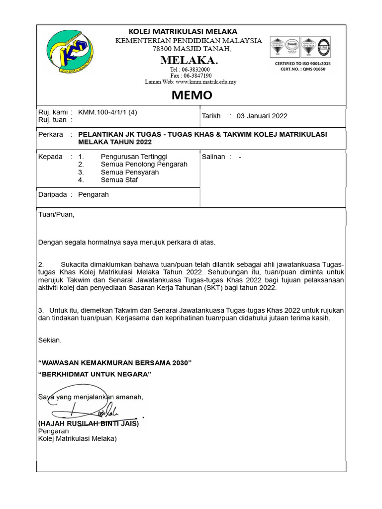 MEMO JK Tugas Tugas Khas | PDF