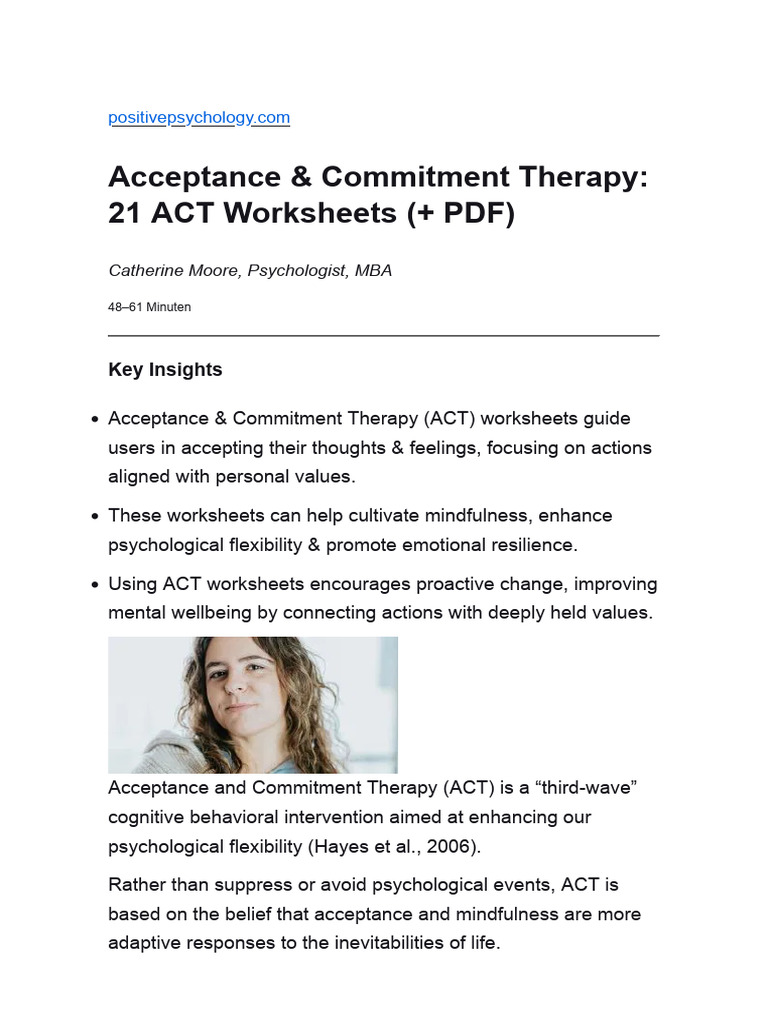 21 ACT Worksheets for Mindfulness & Growth | PDF | Psychotherapy | Feeling