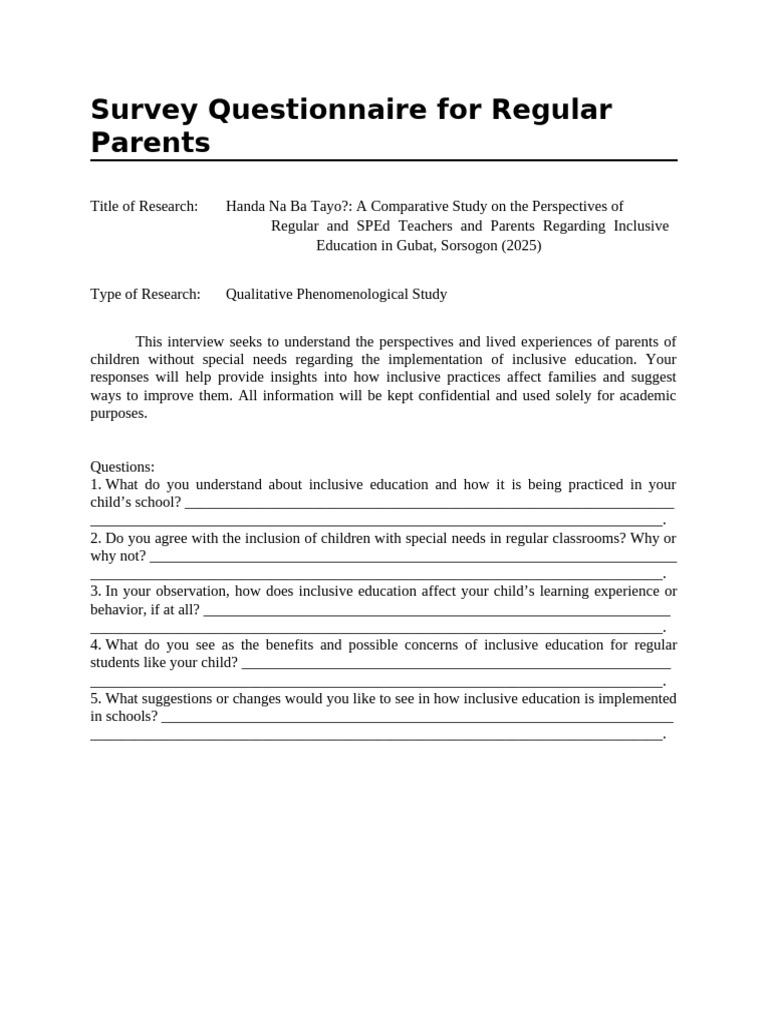Survey Questionnaire For Regular Parents | PDF