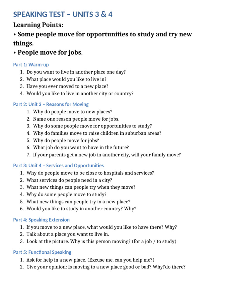 Speaking Test Unit3 4 Updated | PDF