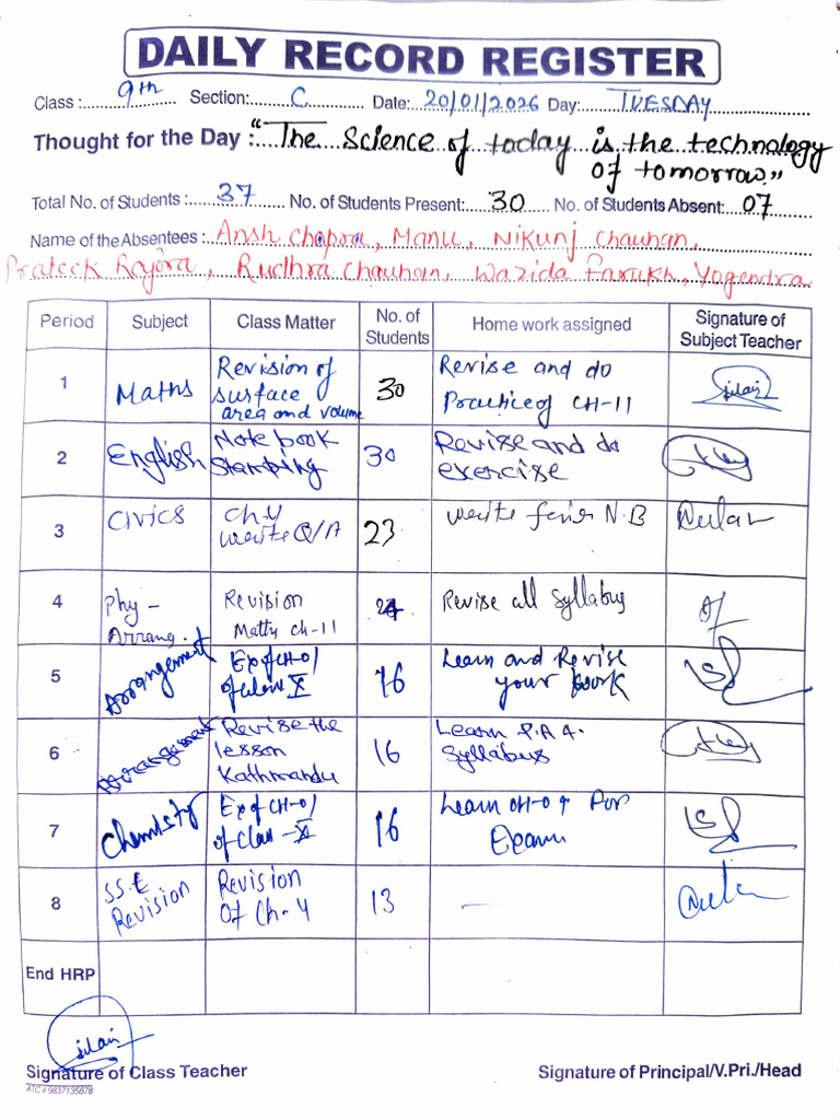 Daily Attendance and Homework Record | PDF