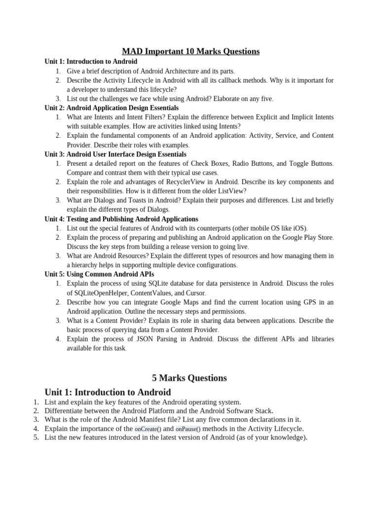 MAD Important 10 Marks Questions | PDF | Android (Operating System ...