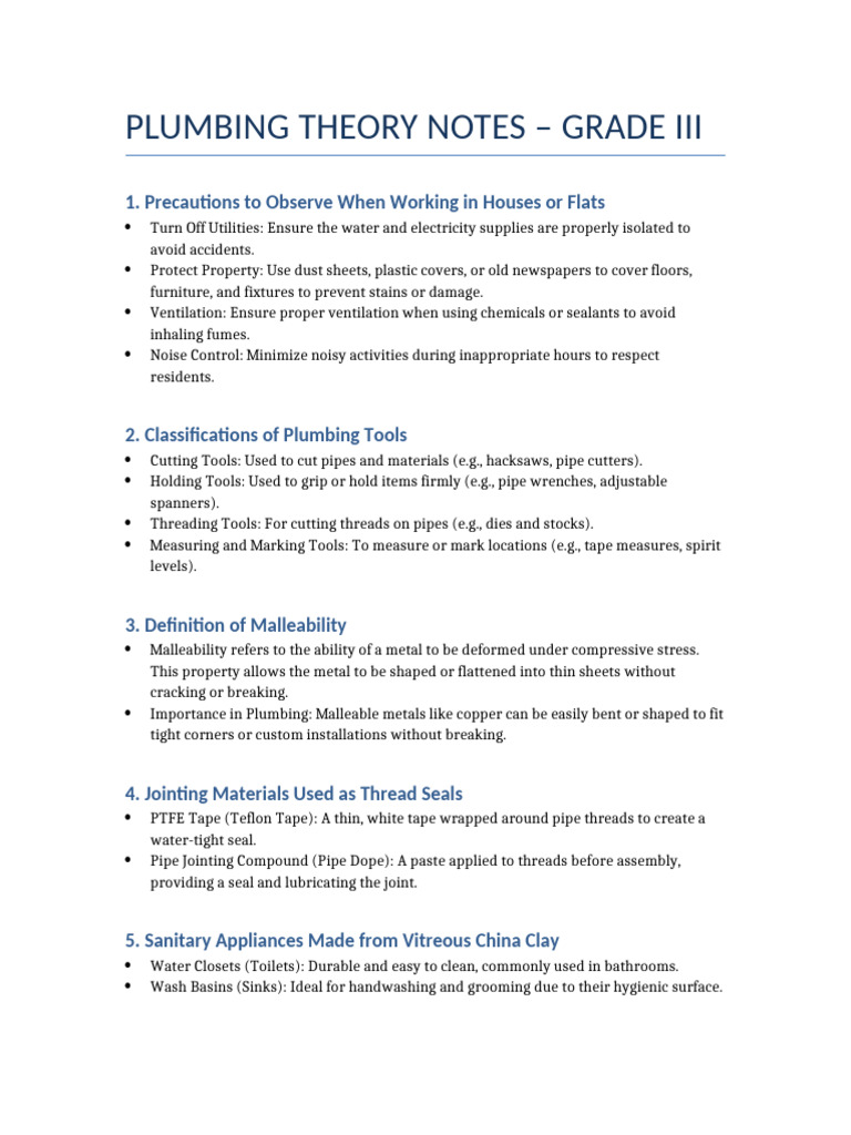 Grade III Plumbing Theory Notes | PDF | Pipe (Fluid Conveyance) | Plumbing