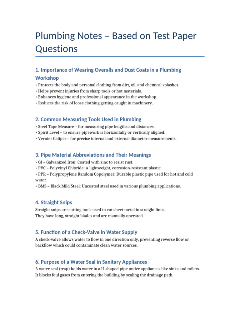 Plumbing Notes Based on Test Questions | PDF