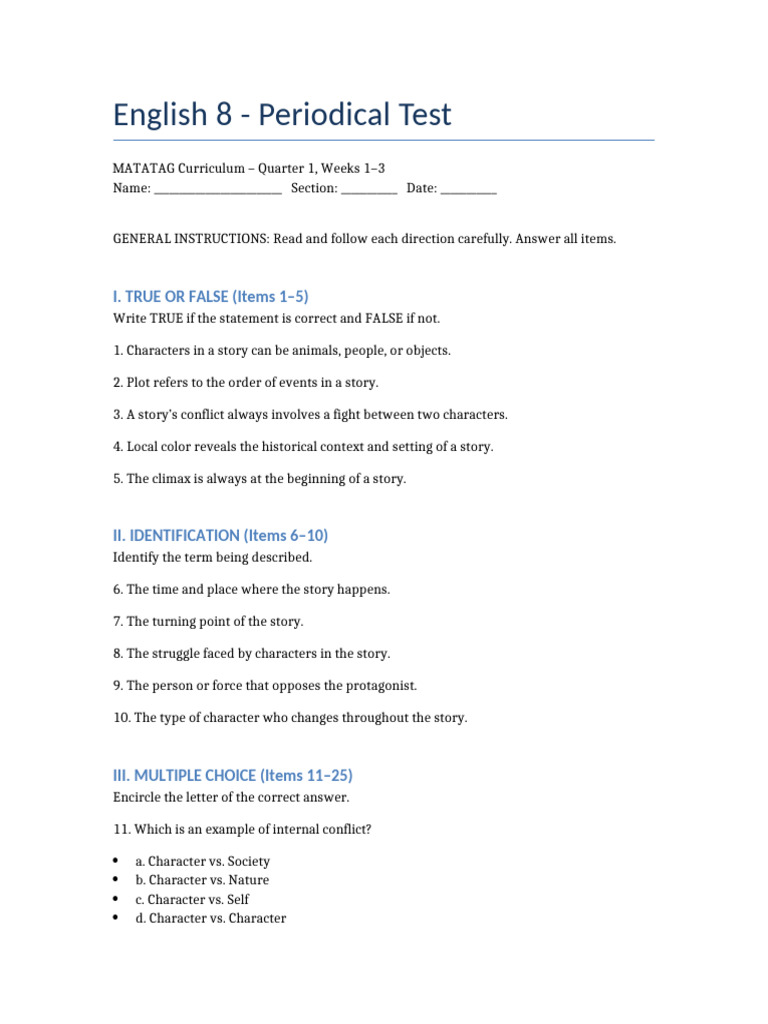 English 8 Periodical Test: Literary Concepts | PDF