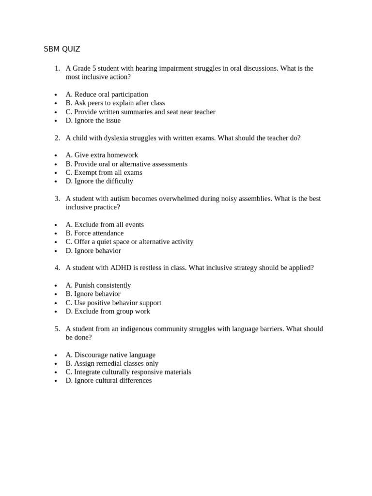 Inclusive Education Strategies Quiz | PDF | Learning Disability | Learning
