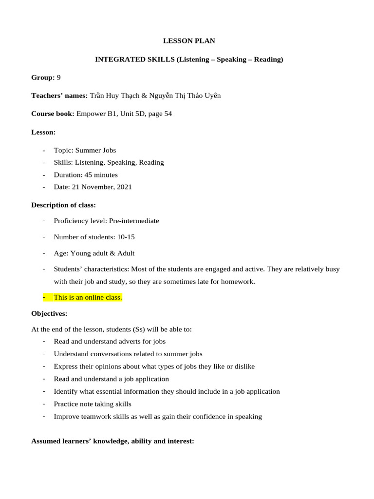 Session 8 - Micro Teaching - Integrated Skills - Lesson Plan Group 9 | PDF | Lesson Plan ...