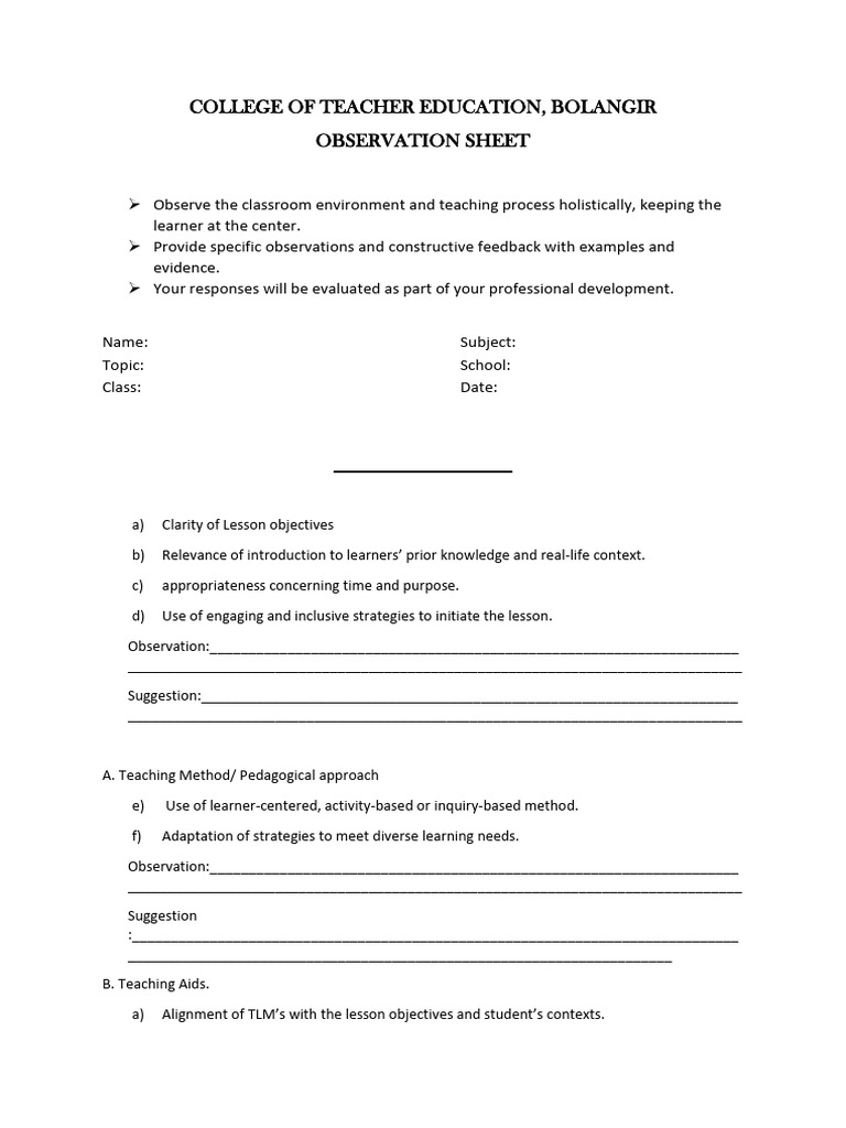 Classroom Observation Feedback Sheet | PDF | Learning | Teaching Method