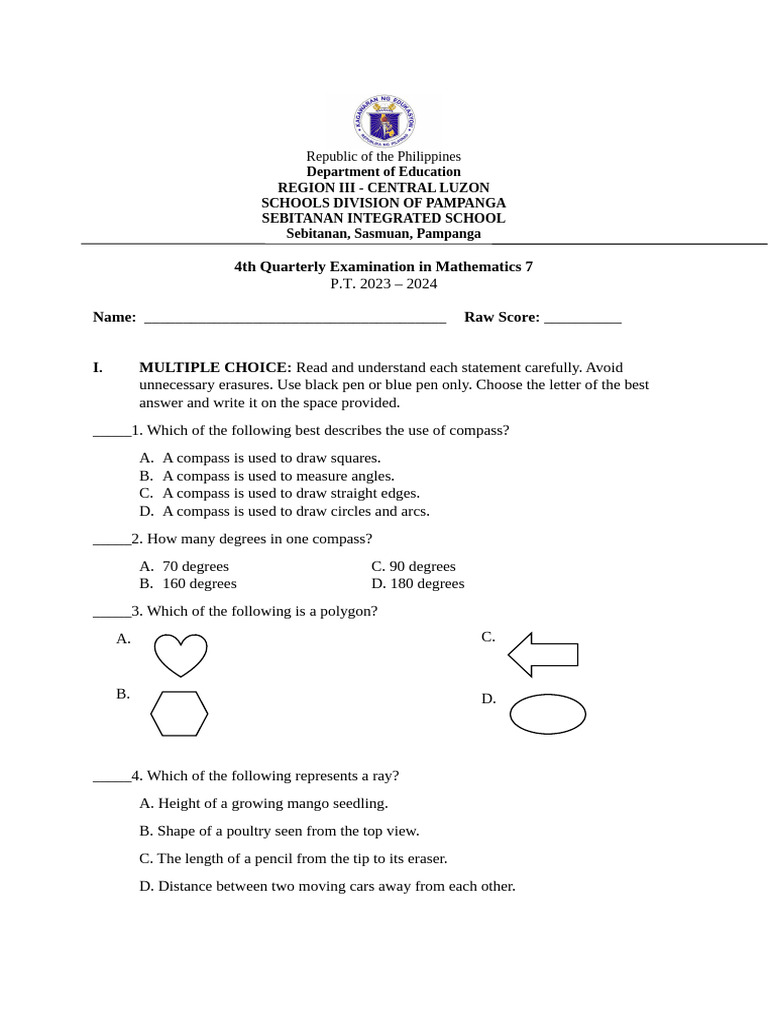 4th Quarter Exam MATH7 | PDF | Sampling (Statistics) | Geometry