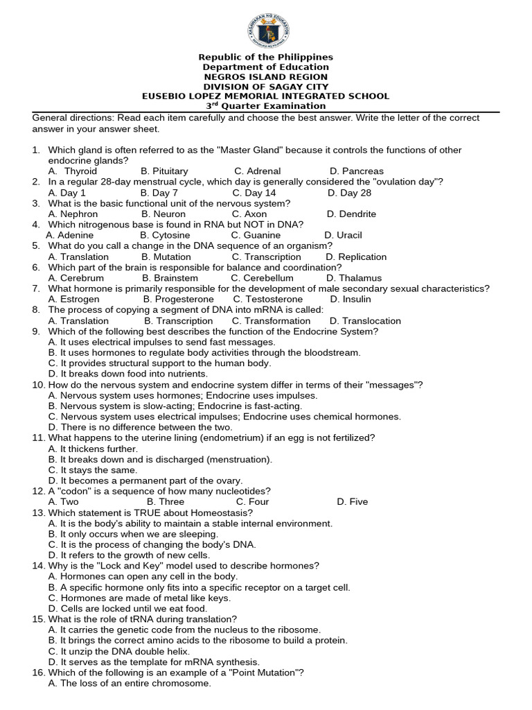 3rd QUARTER EXAM IN SCIENCE 10 | PDF | Genetic Code | Point Mutation