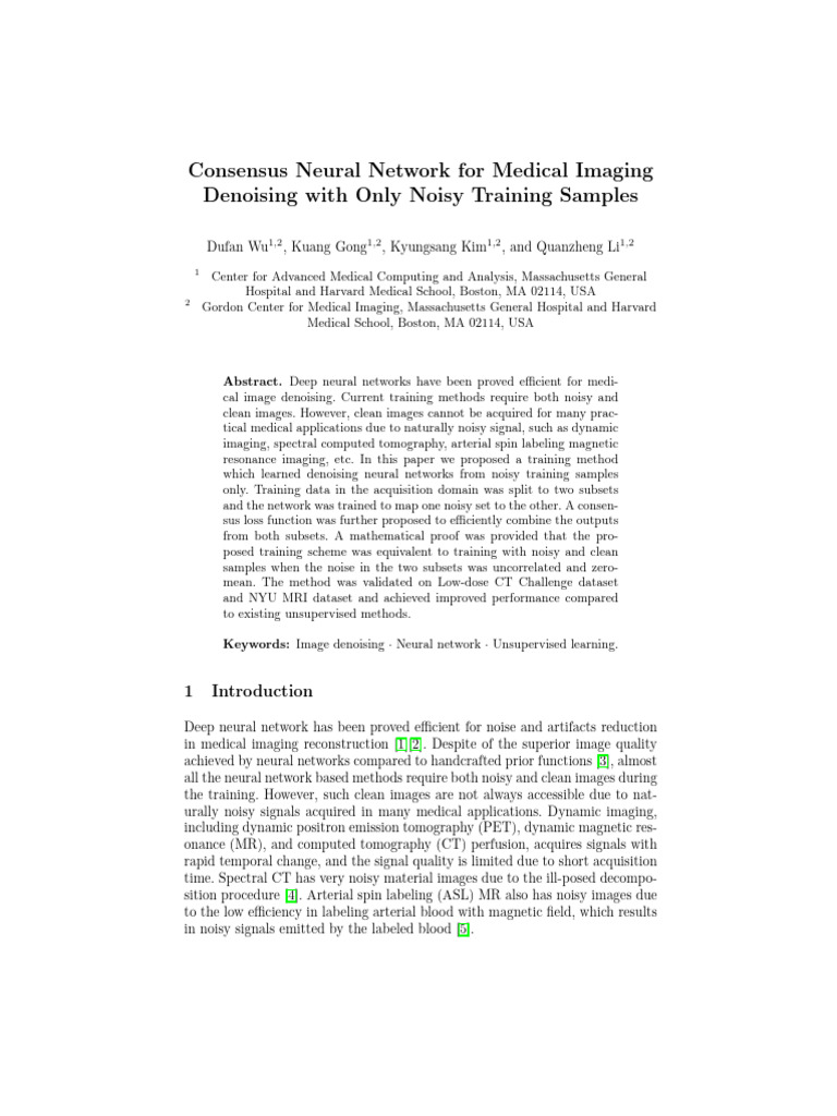 Consensus Neural Network for Denoising | PDF | Medical Imaging | Ct Scan