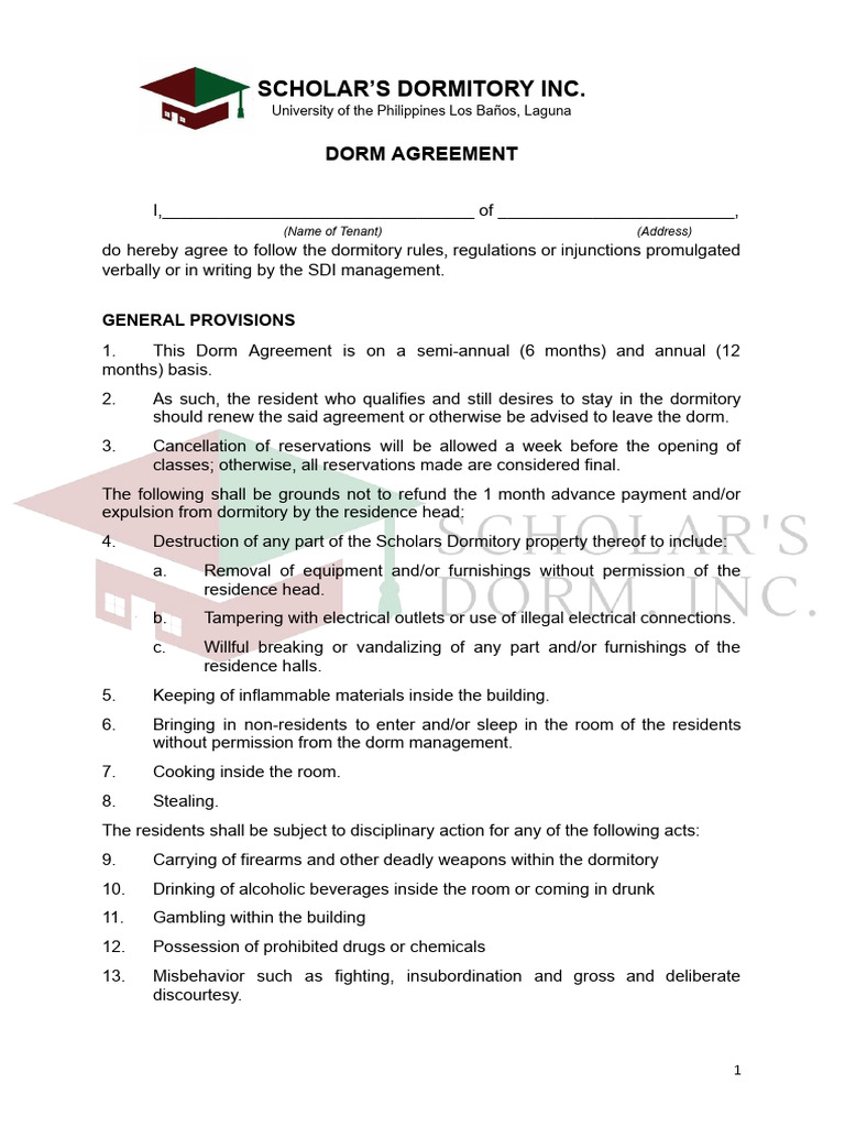 REVISED - Dorm Agreement 2024 - Version 2.Docx | PDF | Dormitory | Lease