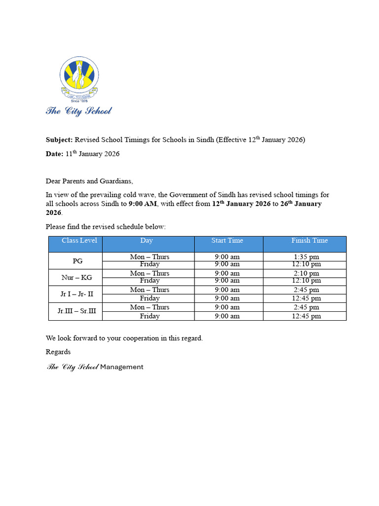 Circular - Revised School Timings for Schools in SR Jan 2026 | PDF