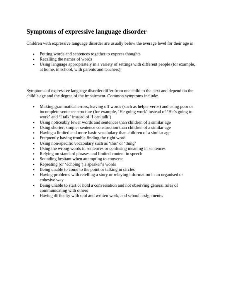 Expressive Language Disorder Symptoms | PDF