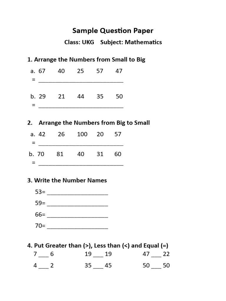 Maths Sample Question Paper UKG-1 | PDF