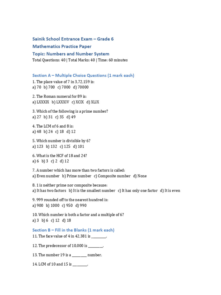 Sainik School Grade6 Math Paper | PDF | Numbers | Discrete Mathematics