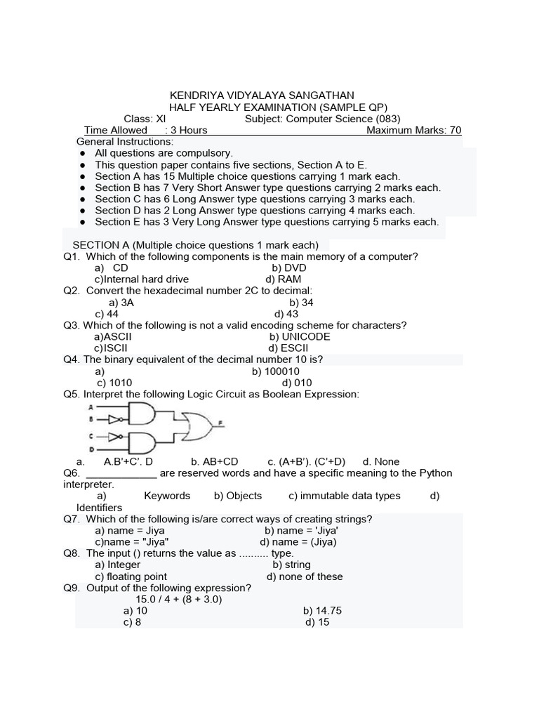 11 CS SAMPLE QP | PDF | Computer Data | Computer Programming