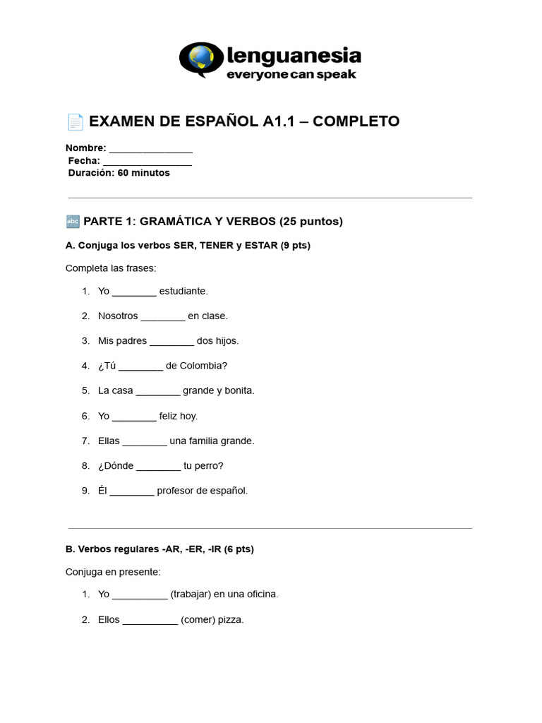 Examen Completo Español A1.1 | PDF