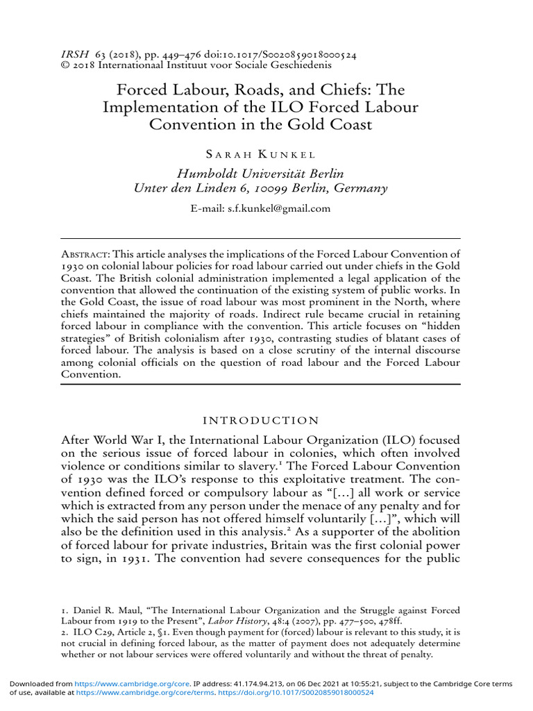 Forced Labour Roads and Chiefs the Implementation of the Ilo Forced ...