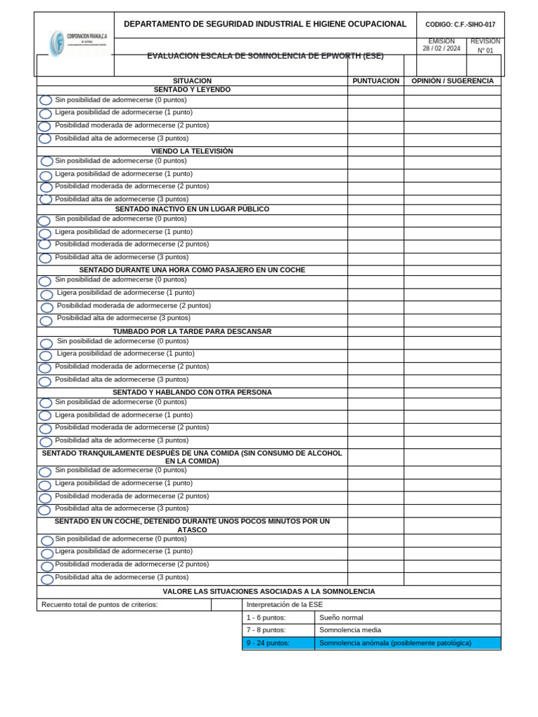 Evaluación de Somnolencia de Epworth | PDF | Dormir | Enfermedades y ...
