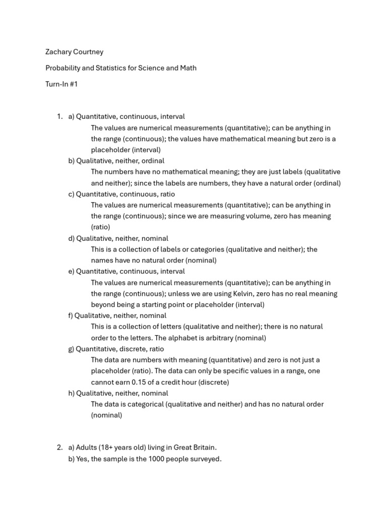 Prob&Stats Turn-In#1 Zachary Courtney | PDF | Sampling (Statistics ...