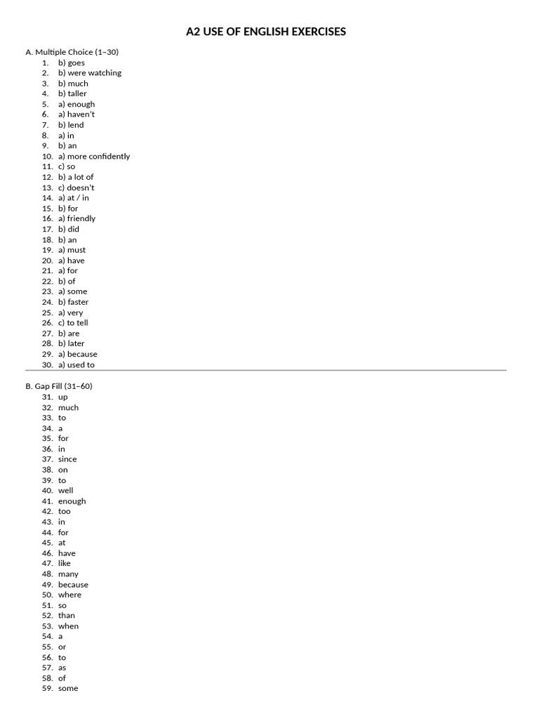 A2 English Exercises: Grammar Practice | PDF