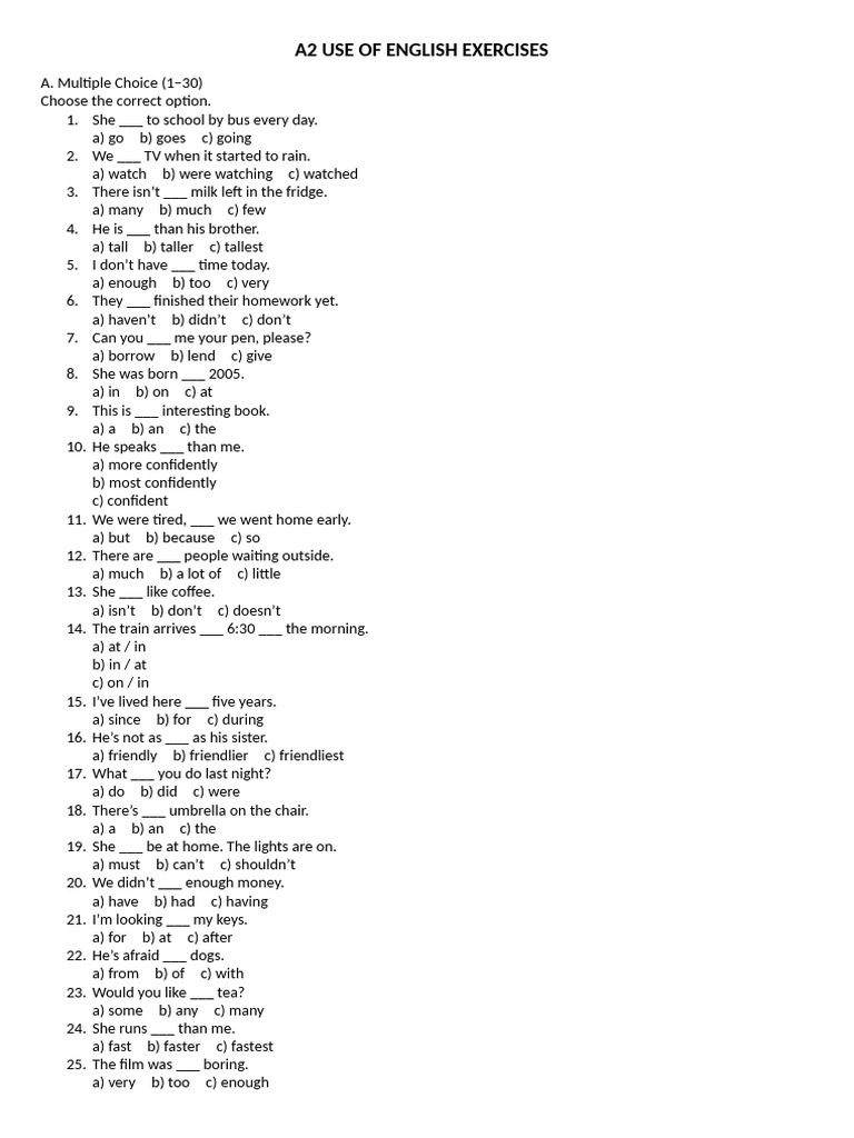 A2 English Grammar Exercises | PDF