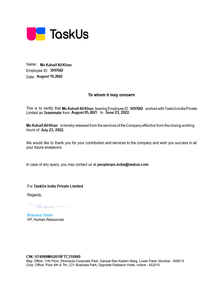 Relieving Letter Taskus | PDF