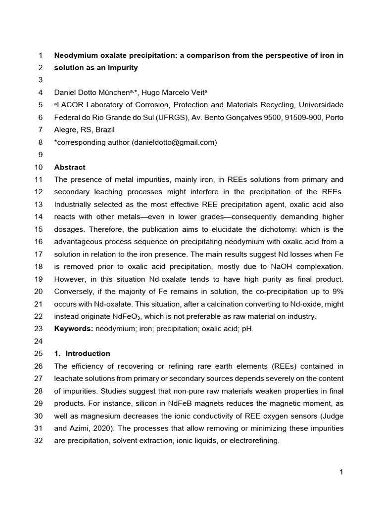 So sánh kết tủa Nd-oxalate khi có Fe làm tạp chất; đạt 99% tách Nd từ ...