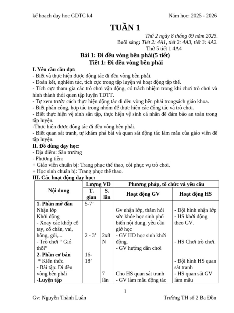 Giao An GDTC Lop 4 - 2025-2026 | PDF