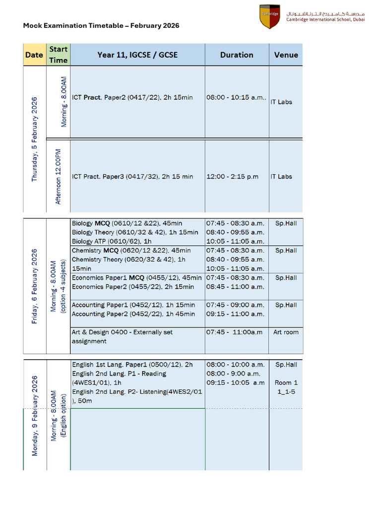 February 2026 Mock Exam Schedule | PDF