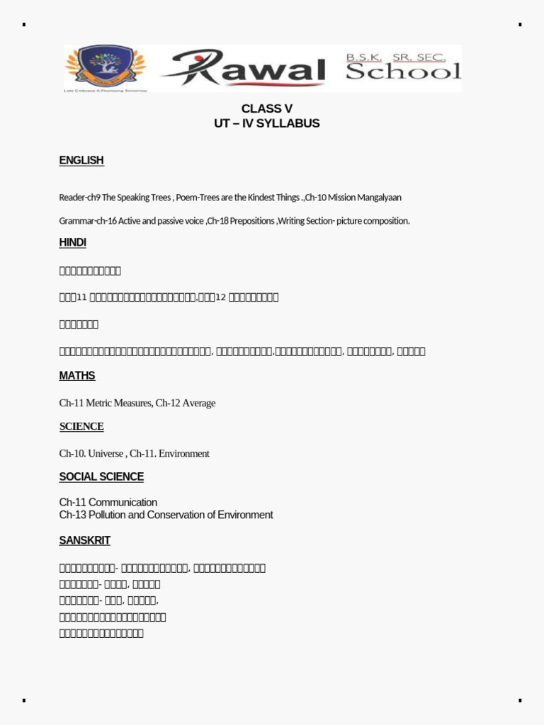 Class 5th UT-IV Syllabus | PDF