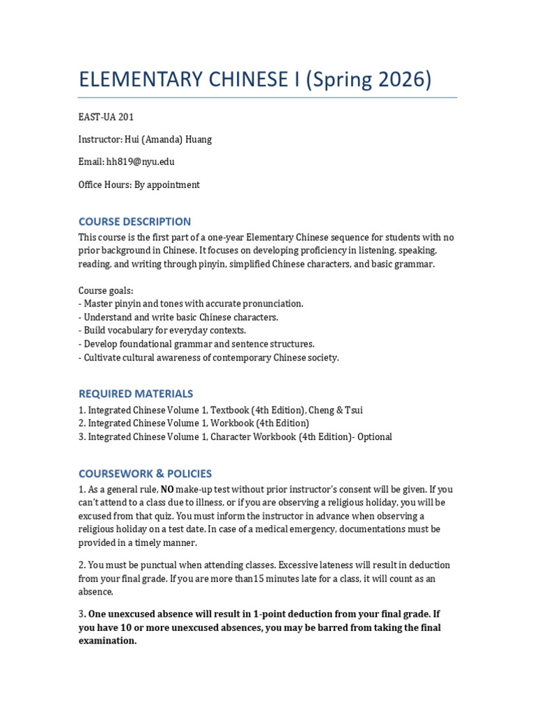 Elementary Chinese I Course Overview | PDF | Linguistics | Learning