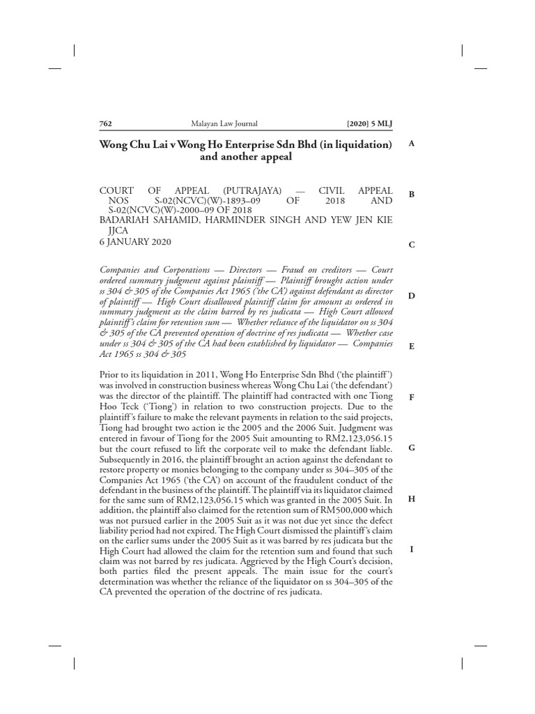 Wong Chu Lai v Wong Ho Enterprise Sdn Bhd (in Liquidation) and Another ...