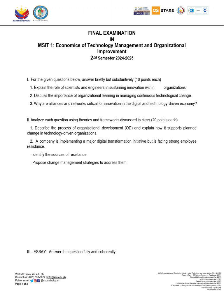 MSIT 1 Final 2024-2025 | PDF | Innovation | Economies